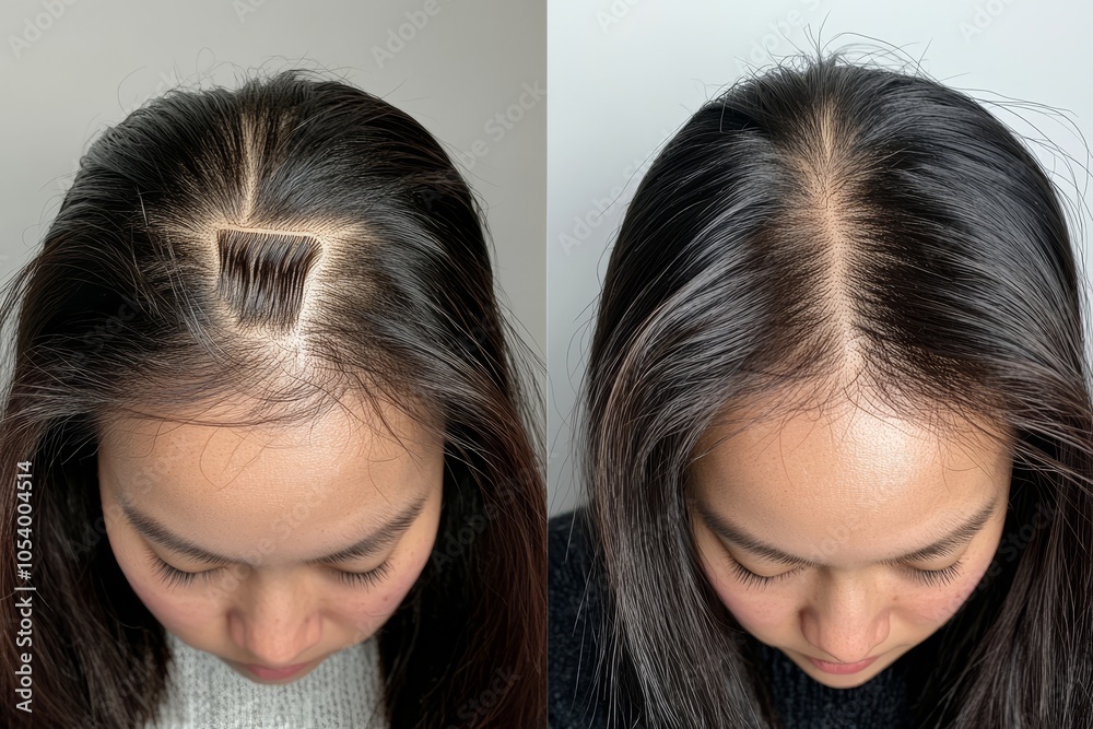 Comparison of before and after photos of scalp with progress of ...