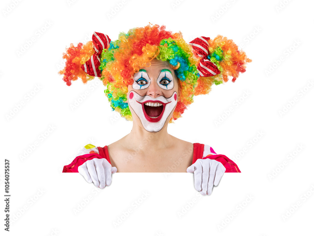 Funny female clown peeking out from behind sign blank template mock up ...