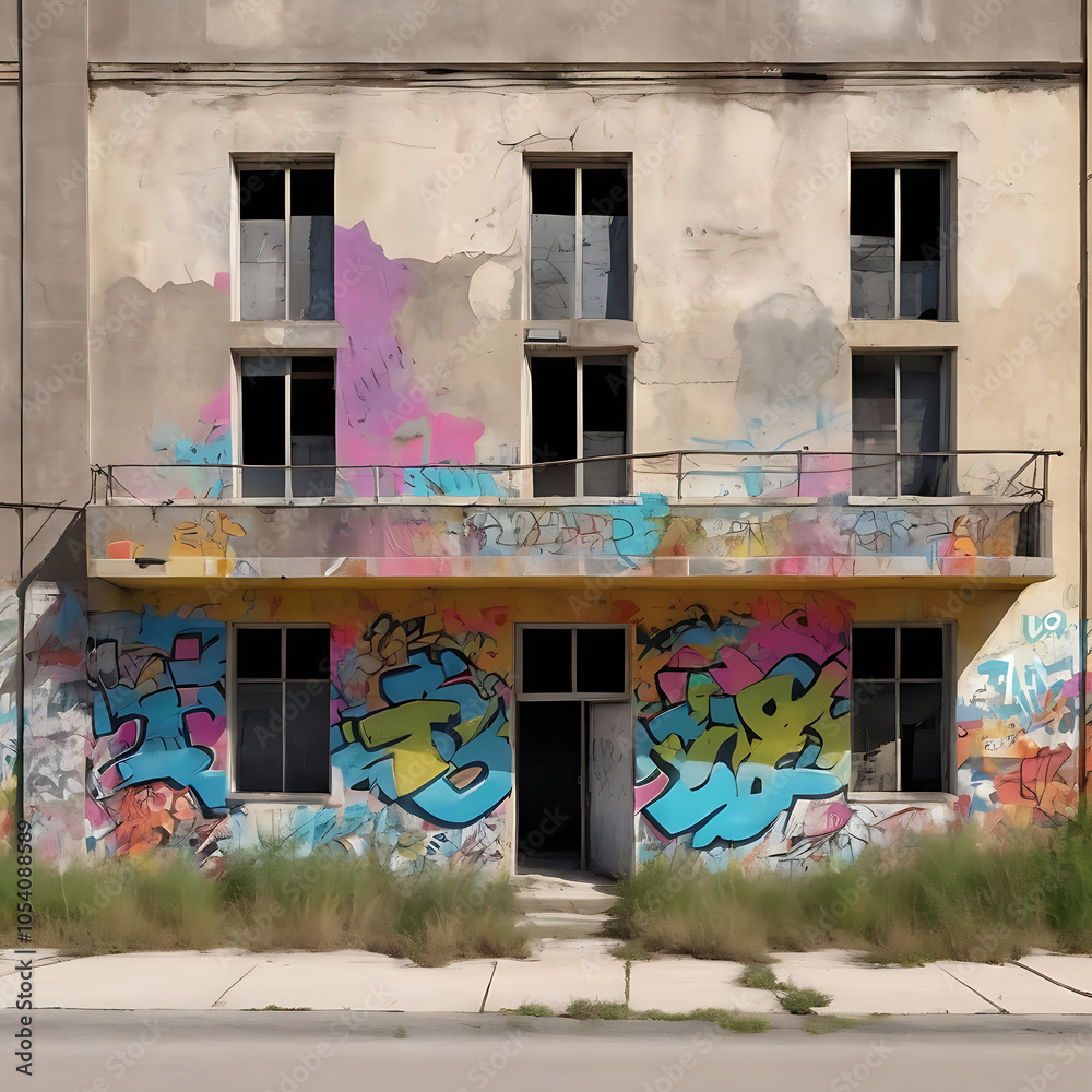 A weathered facade, marked with colorful graffiti, stands as a ...