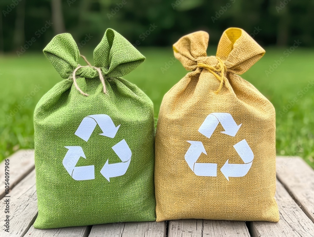 Vibrant green and yellow bags with recycling signs, eco-friendly theme ...