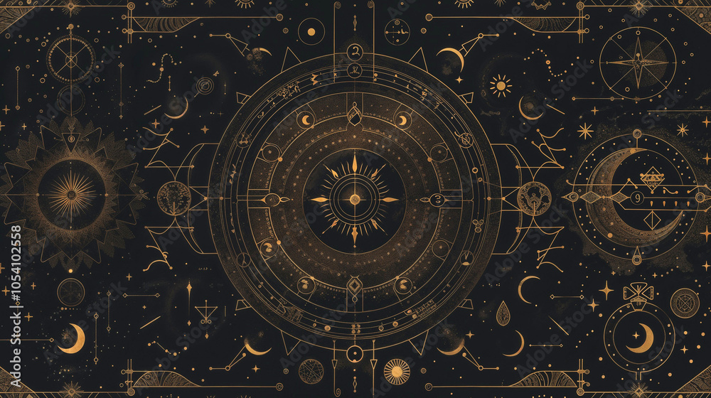 Detailed cosmic pattern with ornate celestial symbols, phases of the ...