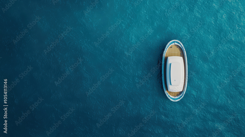 Aerial view of boat floating on calm blue waters, showcasing serene and ...