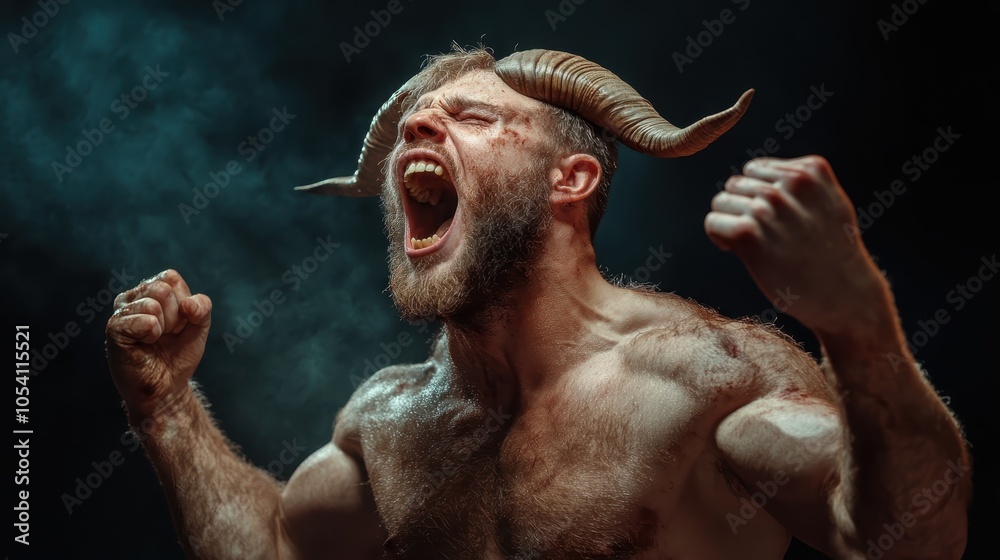A muscular man with ram horns, intensely yelling with clenched fists ...