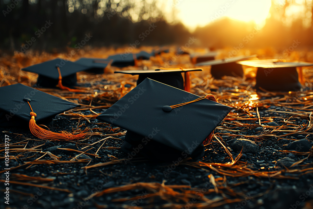 Graduation caps lined up on the ground, creating a symbol of unity ...