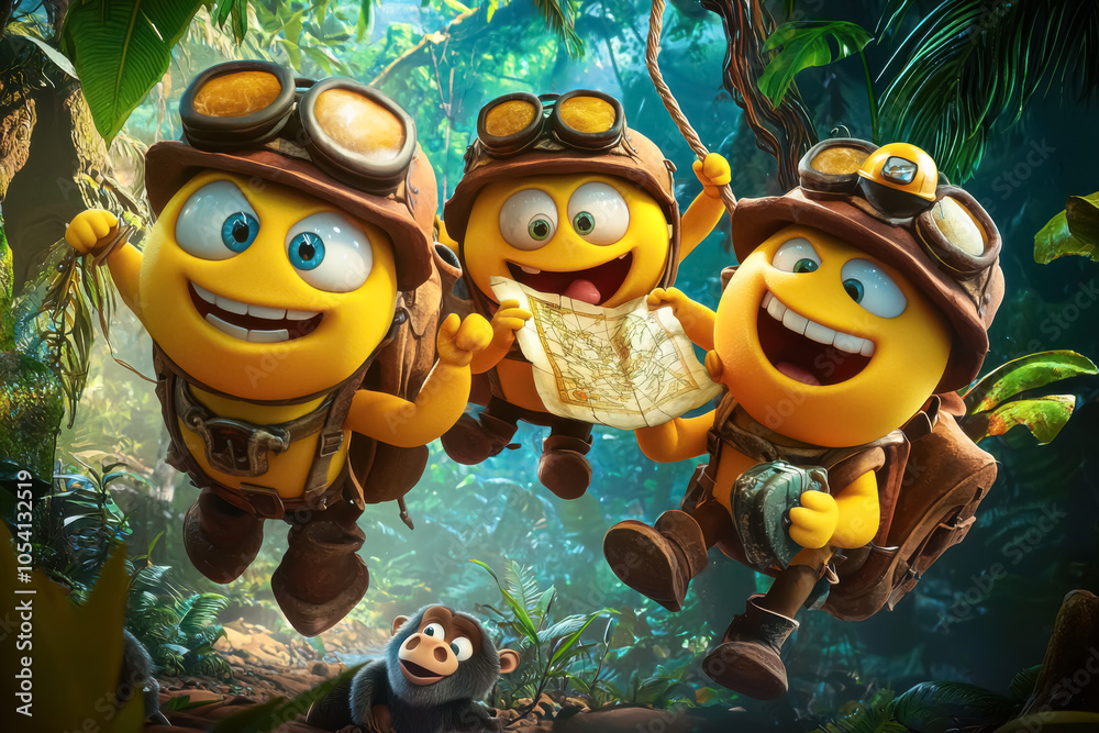 Adventurous Emoji Explorers in Jungle with Map and Goggles. Three ...