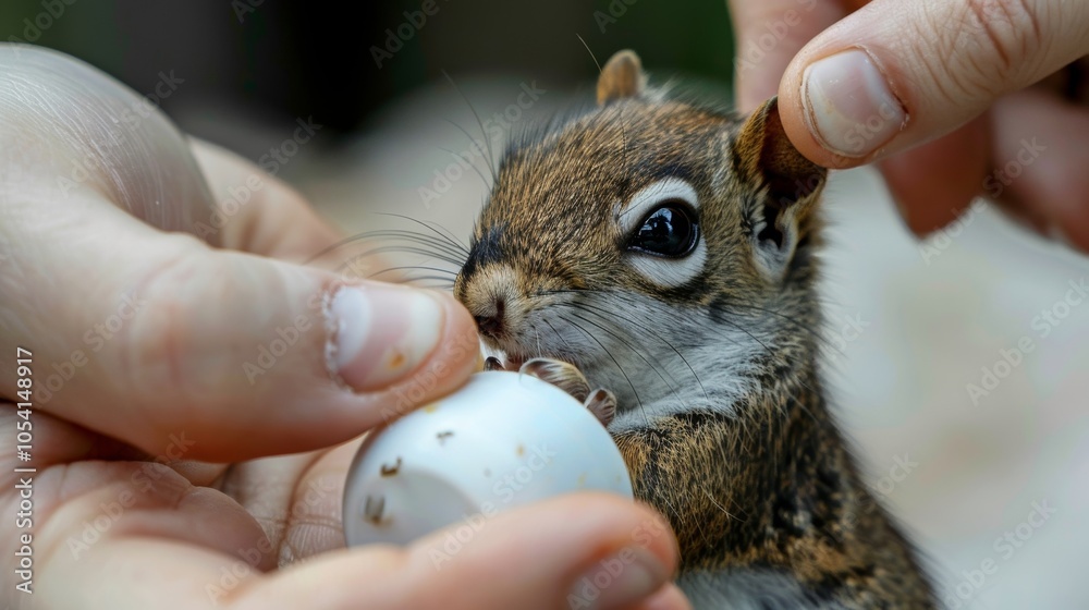 Wildlife rehabilitator is feeding milk to a baby squirrel from a bottle ...