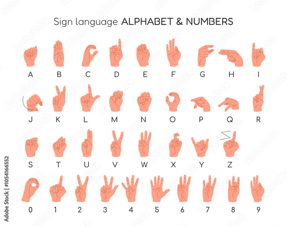 English Sign Language. Dactyl Alphabet and Numbers. Human hands showing ...