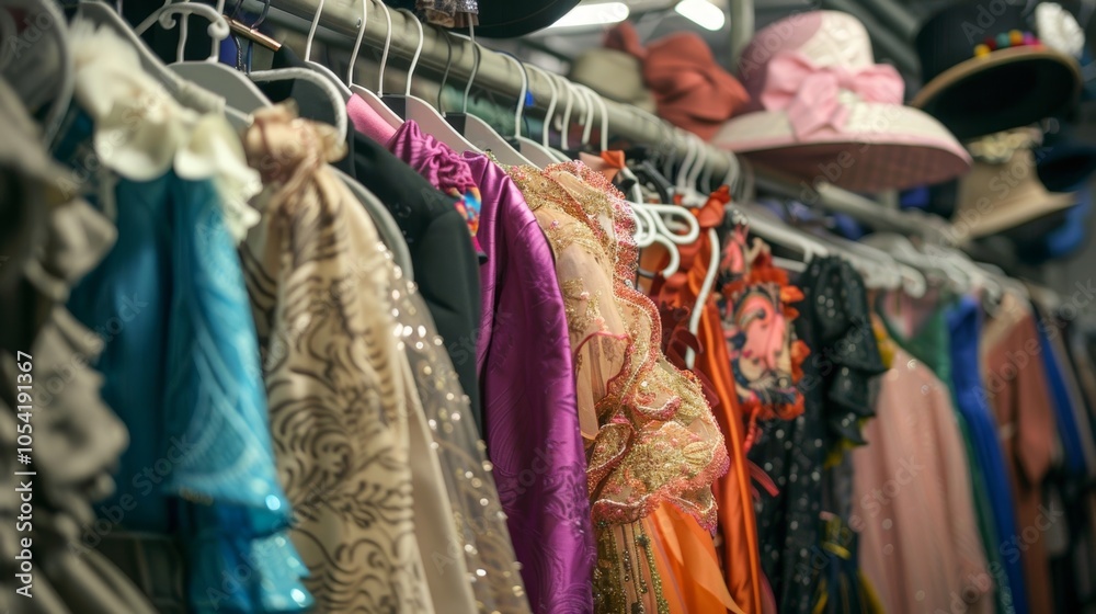 Fabric swatches and colorful costumes are hanging on a rack in a ...