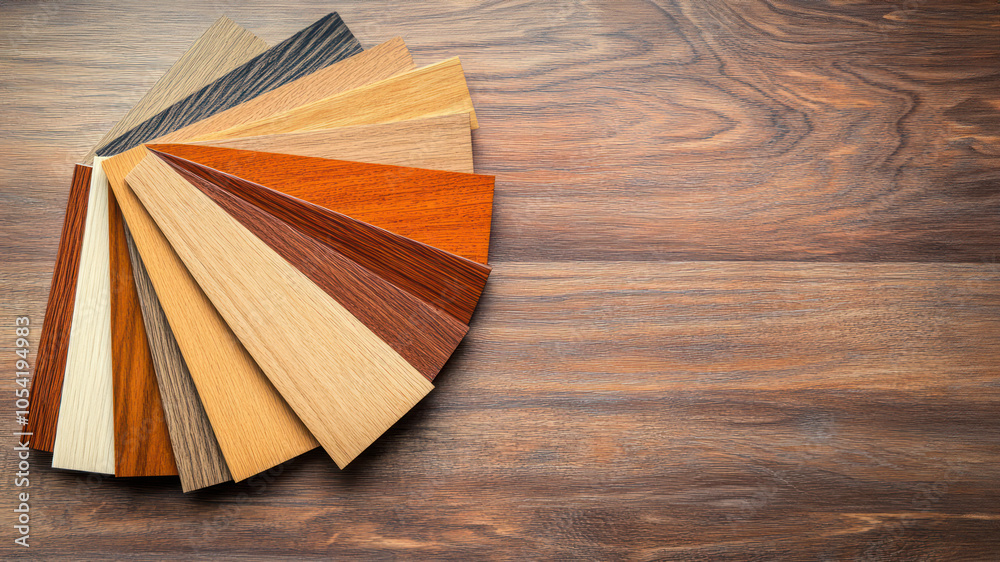 Stack of wood laminate and particleboard samples with various textures ...