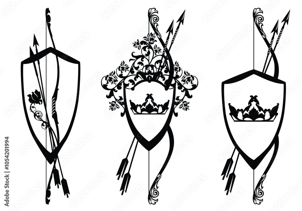 crossed bow and arrows with royal crown heraldic shield and rose ...