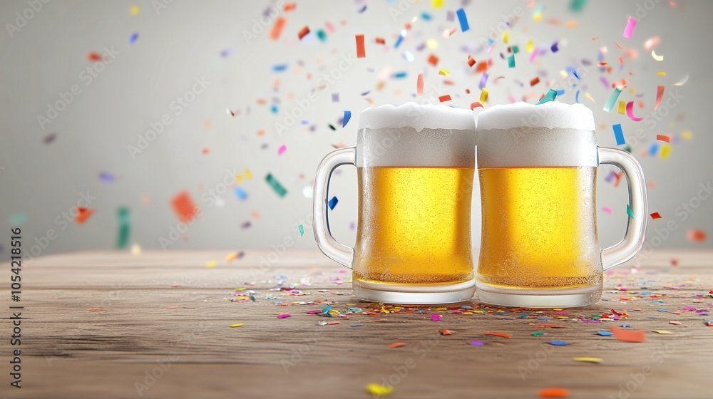 Frosty Beer Mugs with Confetti Burst: Two frosty mugs with vibrant ...
