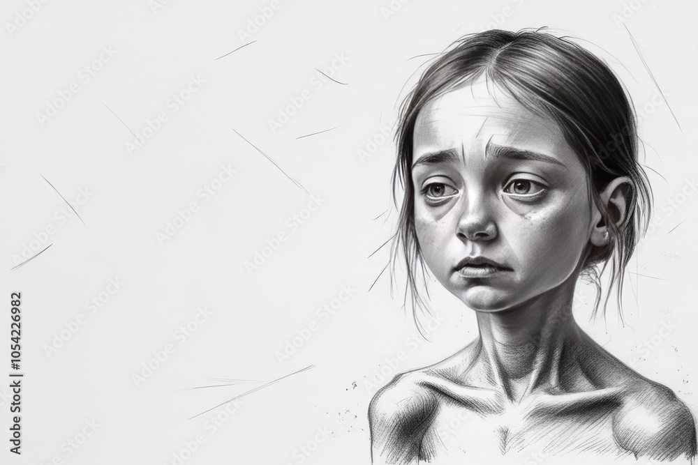 Portrait of cartoon girl with anorexia nervosa on white background ...