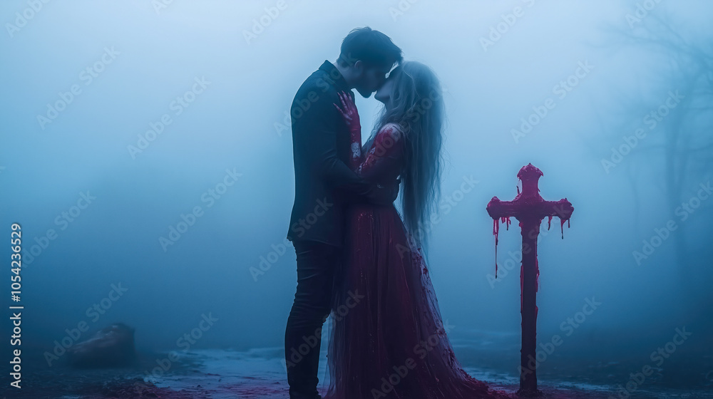 Darkly romantic couple embracing near a blood-stained cross in a foggy ...