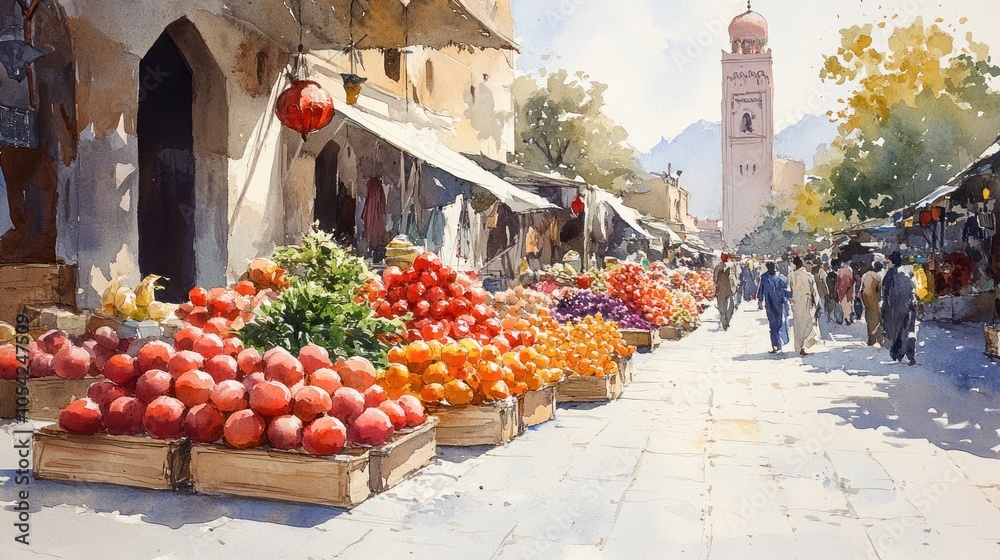 Watercolor painting of a bustling street market in Morocco, with ...