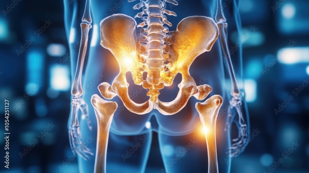 Skeletal system diagram showing the bones of the hip joint and pelvis ...