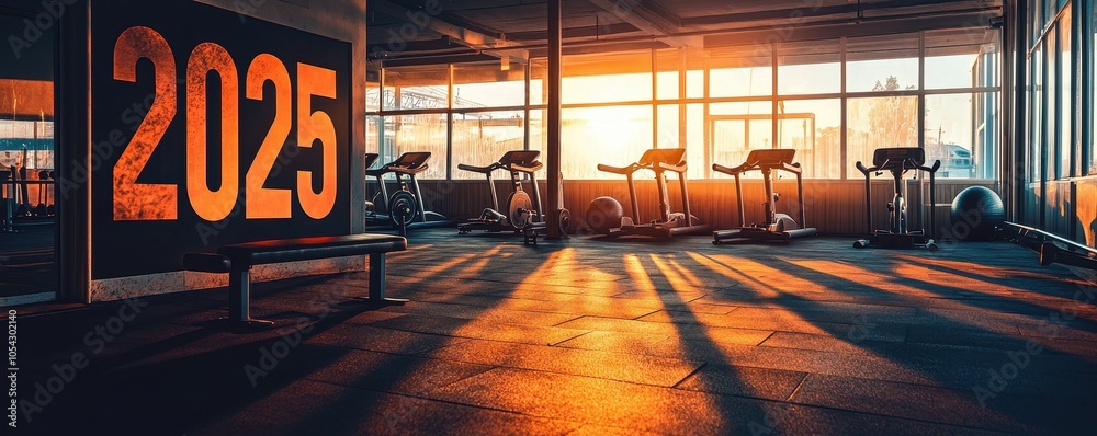 Modern gym interior with sunset illumination and workout equipment ...