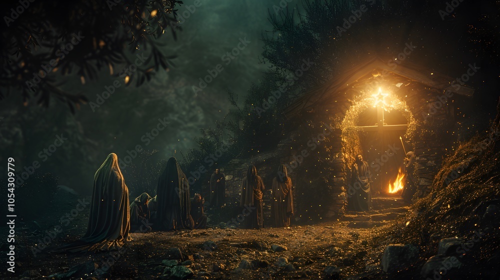 The wise men bowing low before Mary and baby Jesus, glowing light from ...