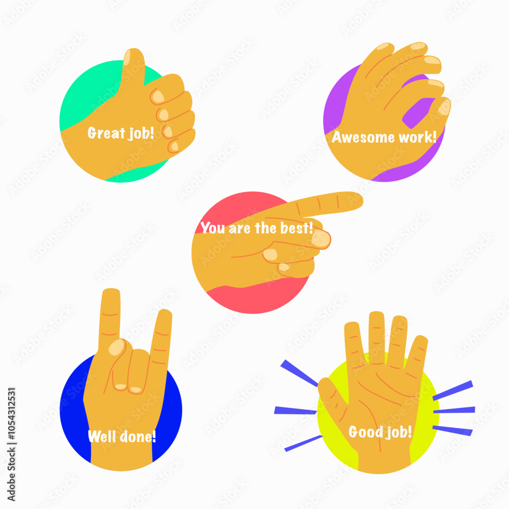 Cartoon Color Different Hands Gestures Job and Great Job Stickers Logo ...