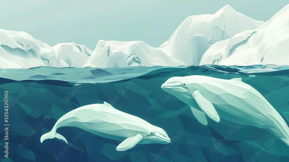 Rendering of beluga whales in Arctic waters flat design side view ...