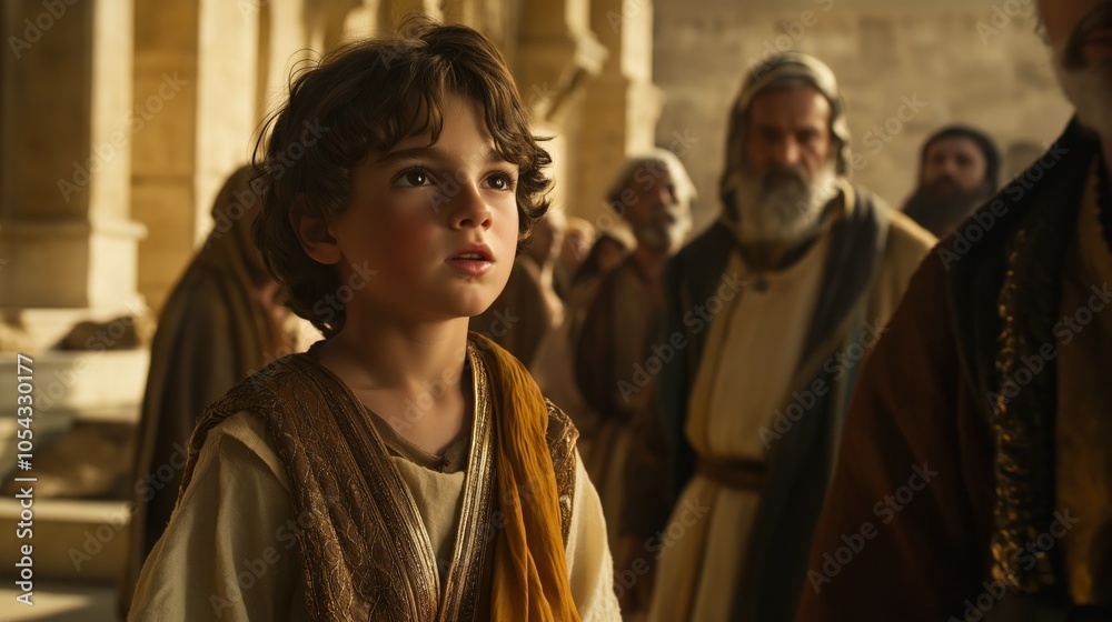 young Jesus as a child, around twelve years old, with olive-toned skin ...