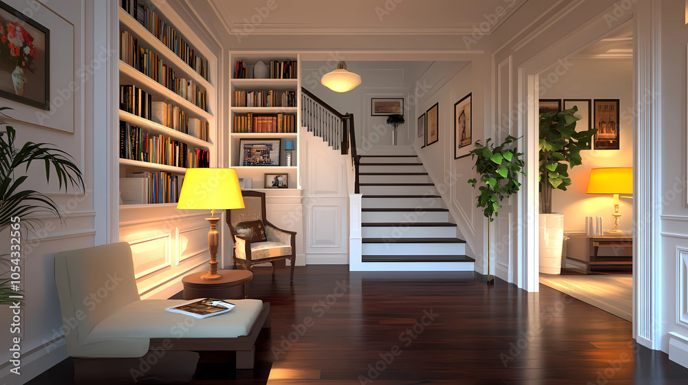 Zoom Background, Modern Living room with stairs and bookcase Stock ...