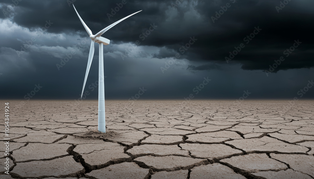 A fragile wind turbine stands tall on cracked ground, symbolizing the ...