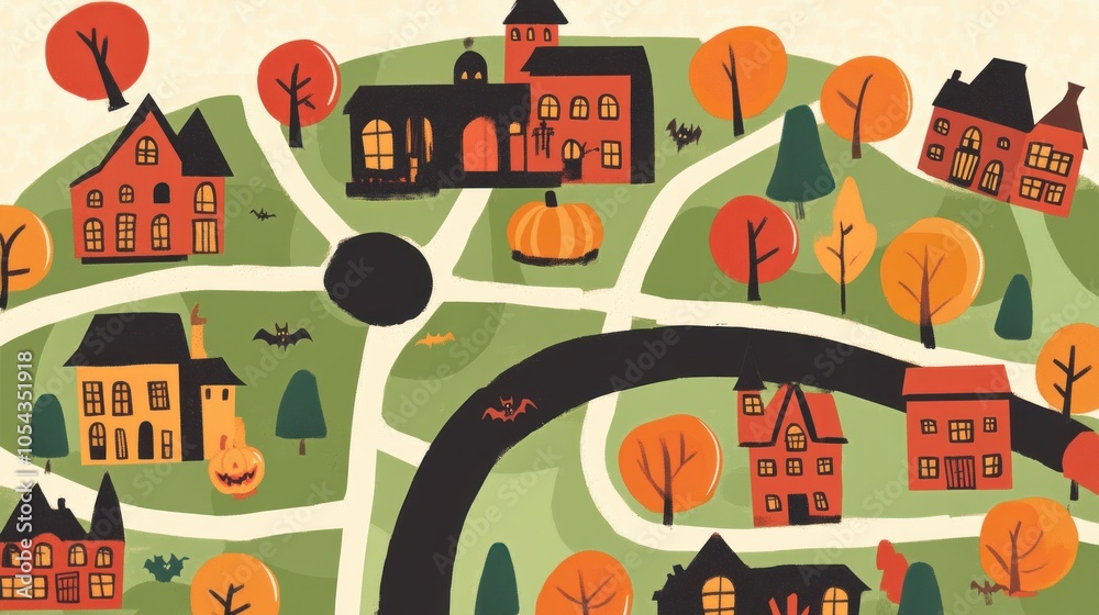 A whimsical Halloween town map with houses, trees, a river, a pumpkin ...