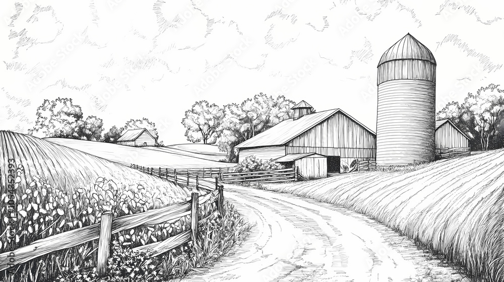 Rural farm landscape drawing hand drawn sketch vector black and white ...