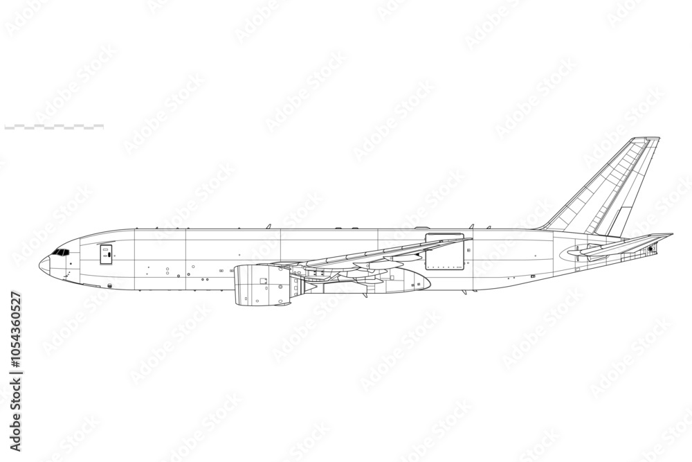 Boeing 777-200F Freighter. Vector drawing of cargo jet aircraft. Side ...