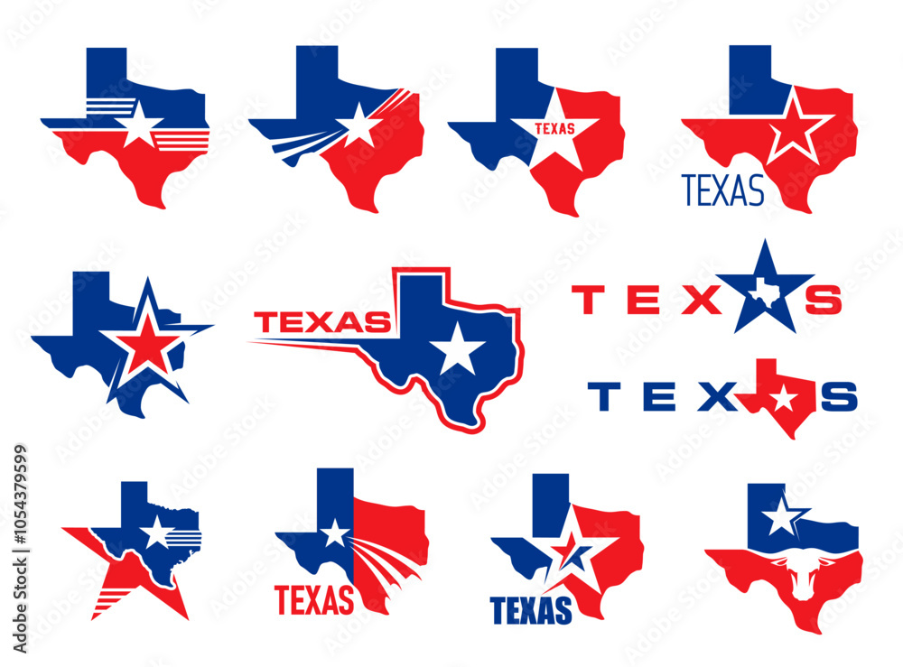 Vetor Texas state map icons with vector flag stars, blue, red and white ...