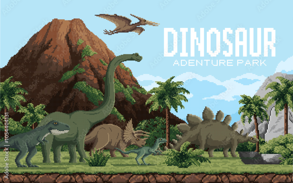 8 bit pixel art prehistoric dinosaurs adventure park. Vector nostalgic ...