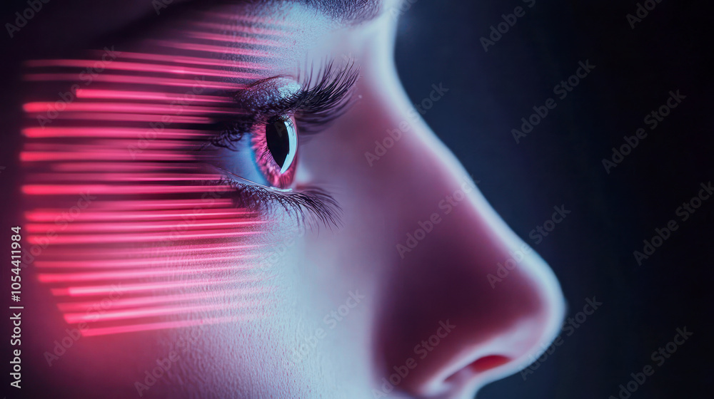 A close-up view of a human eye being scanned with advanced technology ...