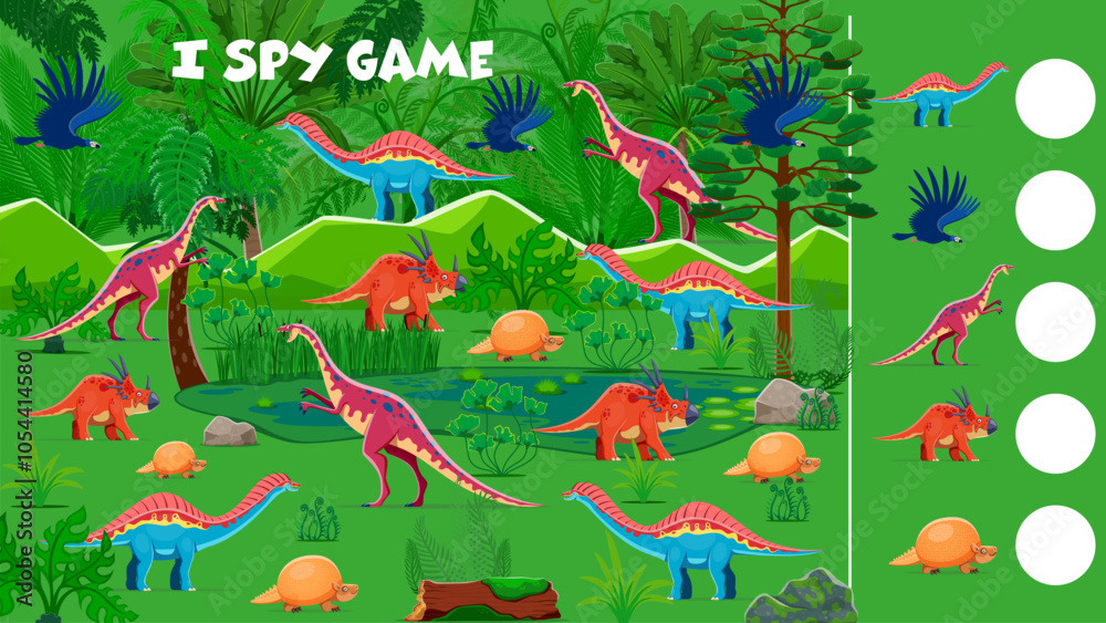 Prehistoric dinosaurs i spy game worksheet for kids. Vector riddle task ...