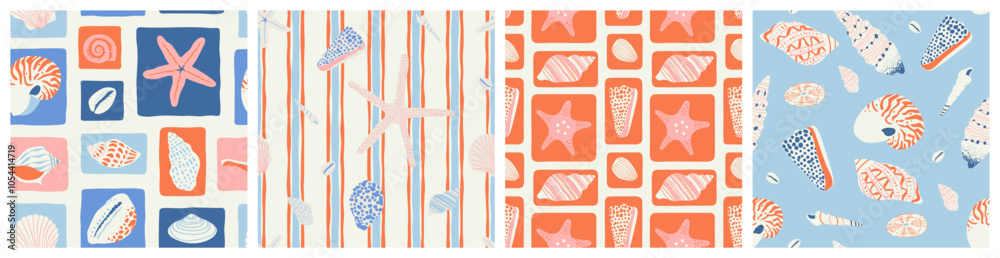 Retro hand drawn seashell mosaic seamless pattern set. Tropical summer ...