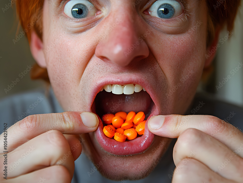 Shocked Young Man with Orange Pills and Open Mouth Expressing Anxiety ...