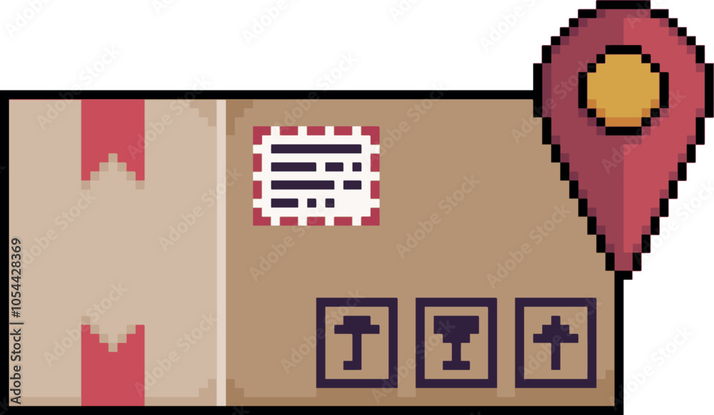 Pixel art box with a GPS location pin, parcel icon with location pin in ...