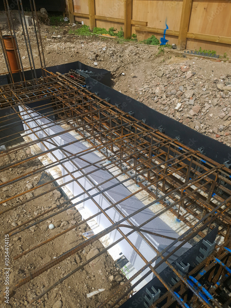 Strip foundation with insulation and reinforced rebar in construction site. Structural ...