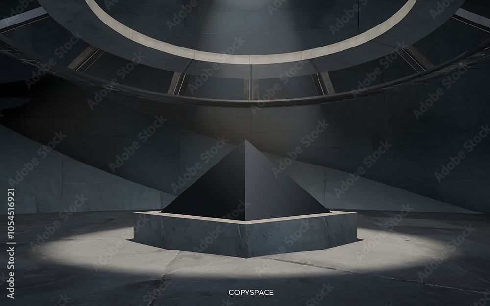 Black pyramid on a concrete platform in a futuristic minimalist and ...