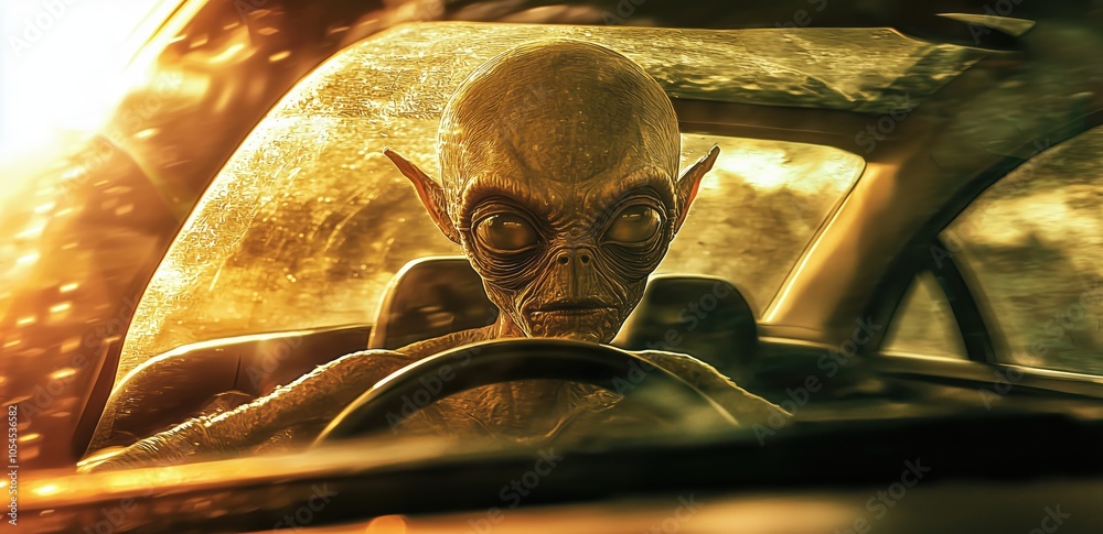 An alien sits behind the wheel of a car, seen through the windshield in ...
