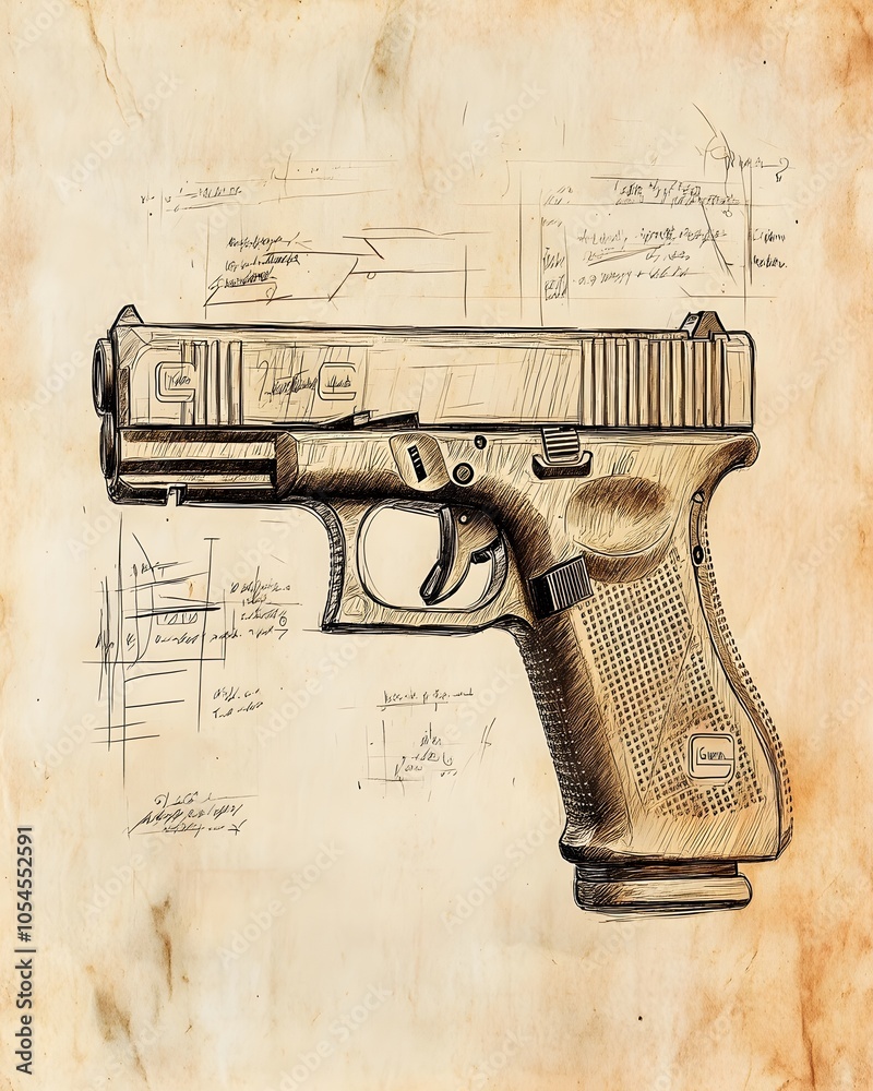 An engineering drawing of the Glock pistol, with notes and annotations ...