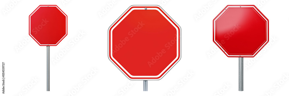 Three red stop signs displayed at different sizes against a black ...