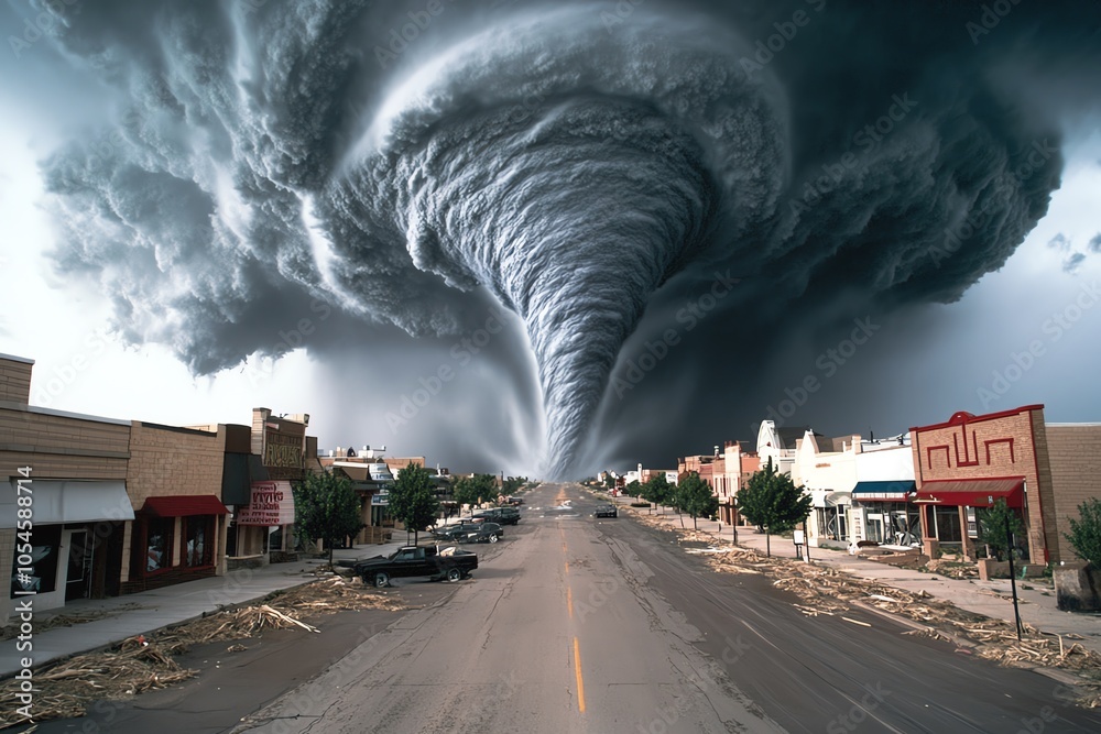 Massive tornado looming over a deserted urban street, capturing the raw ...