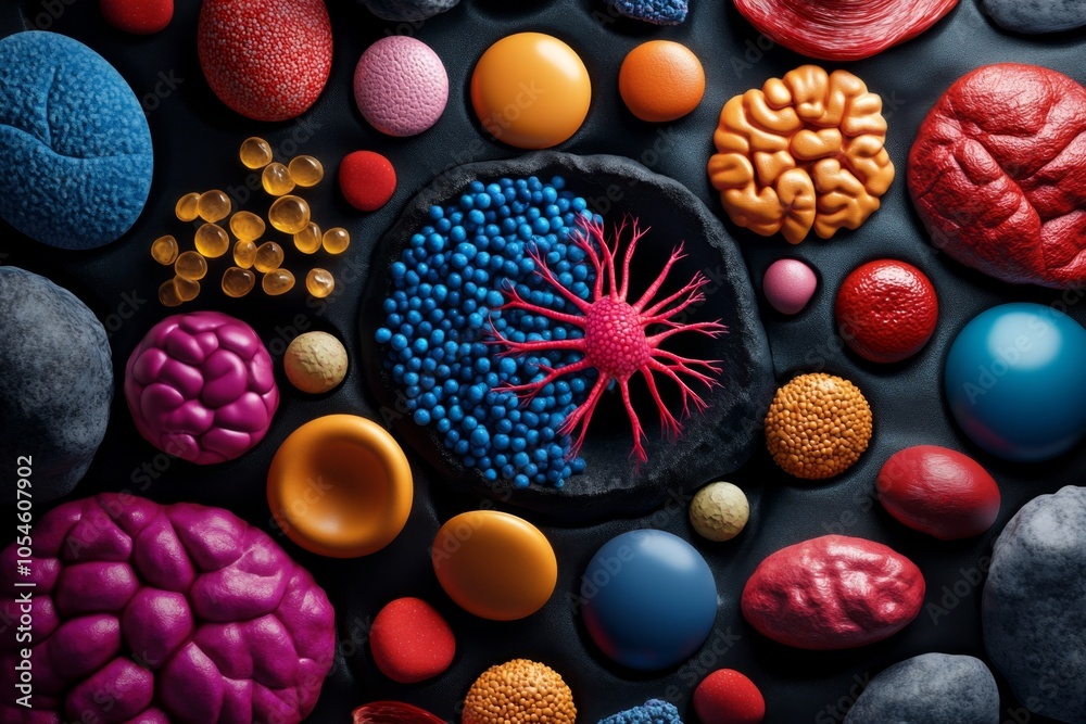 A vibrant view of stem cells surrounded by developing red blood cells ...