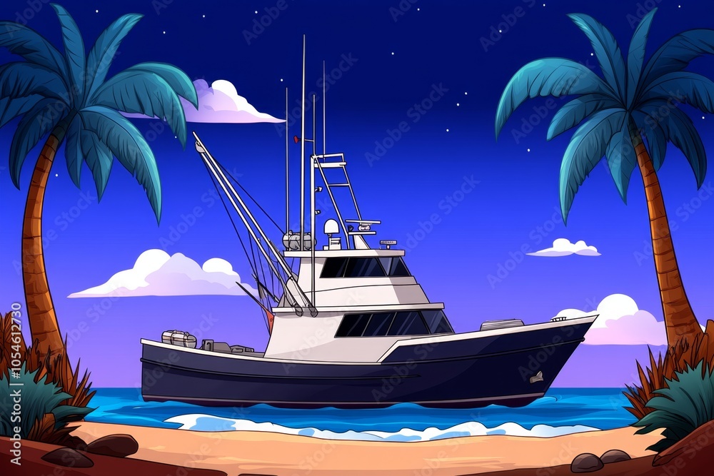 a 2D cartoon illustration of a fishing boat anchored by the shore ...