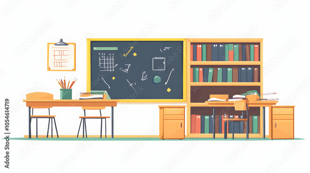 math classroom interior, school classroom with teacher table and desks ...