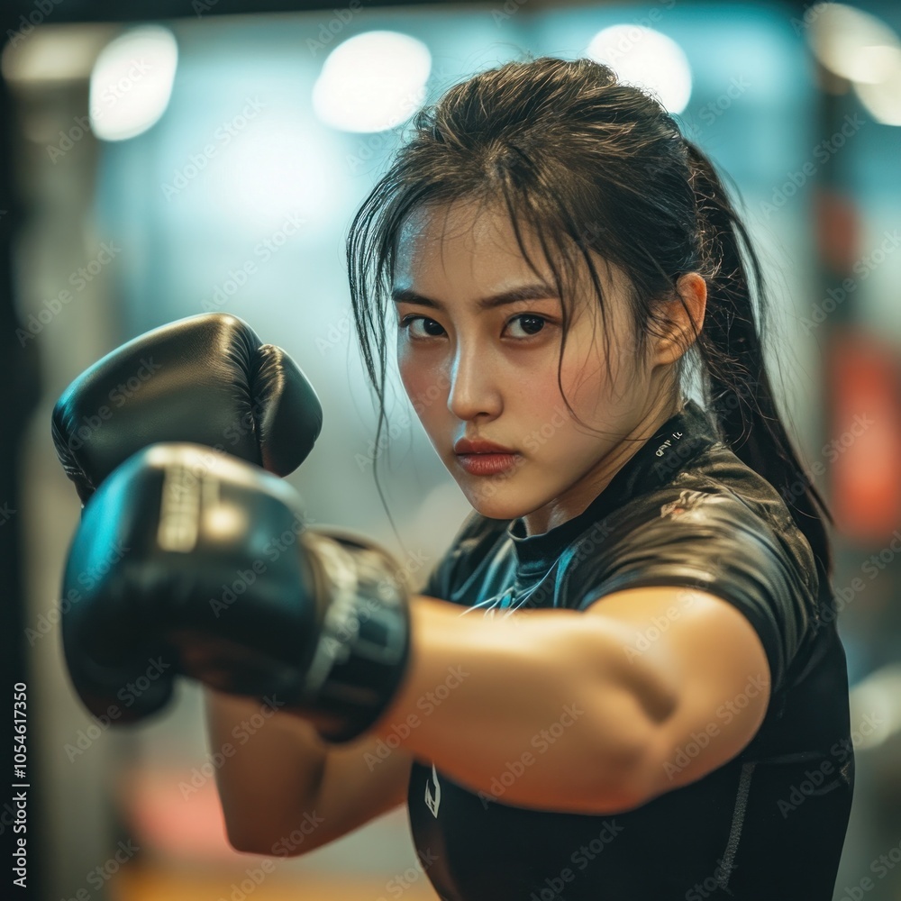 thai box, kickboxing and martial arts. young attractive asian female ...
