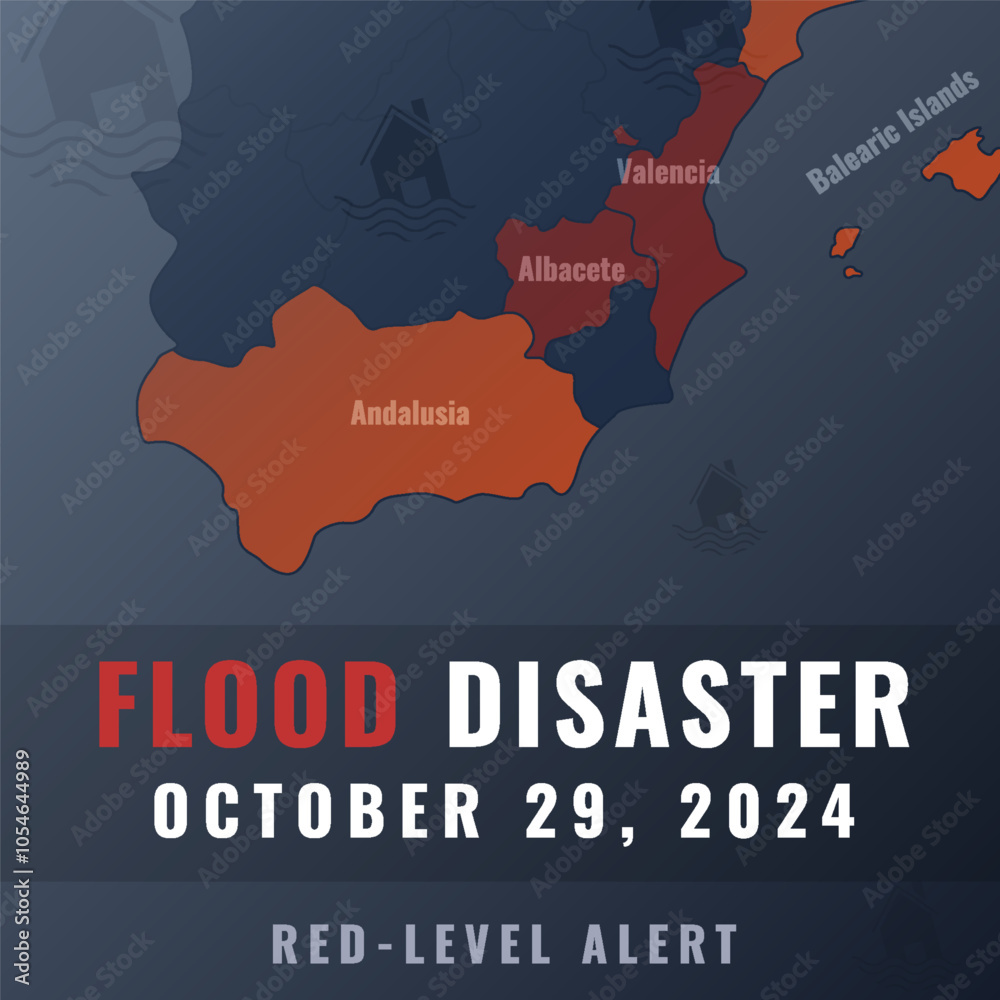 Flood disaster in Spain information illustration with map, flood symbol ...