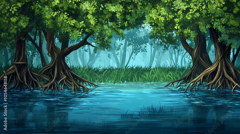 Cartoon illustration of a mangrove forest with lush green trees and ...