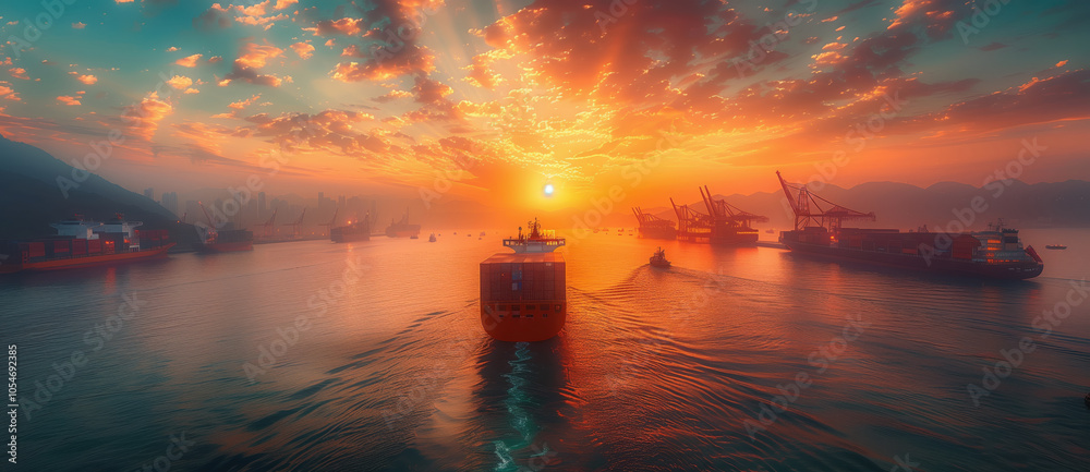 Container ship approaching industrial port at sunrise. Container ship ...