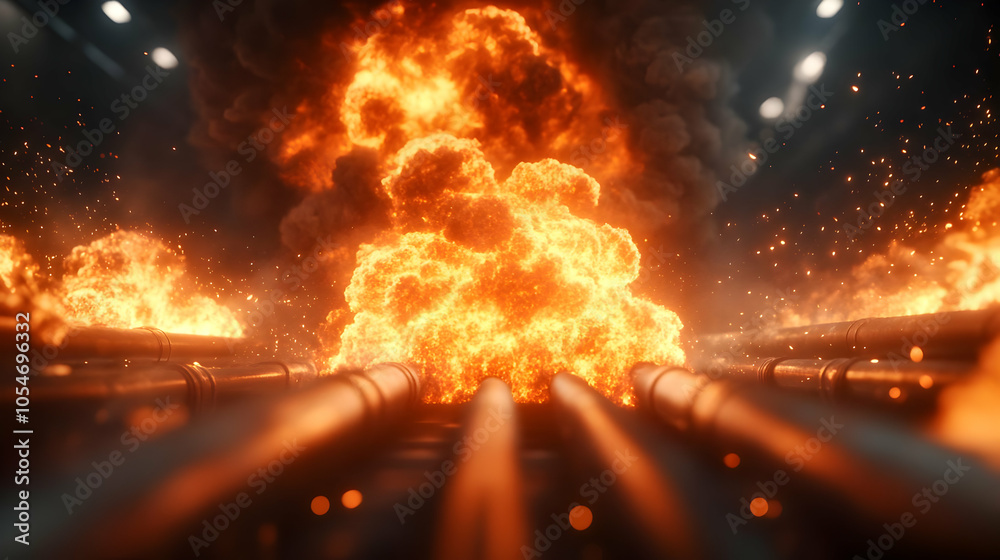 Explosive fire and smoke erupt from industrial pipes, creating a ...